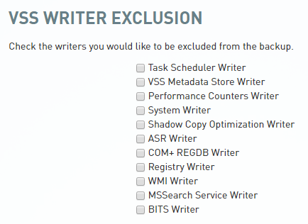 How do I exclude VSS writers from backups?