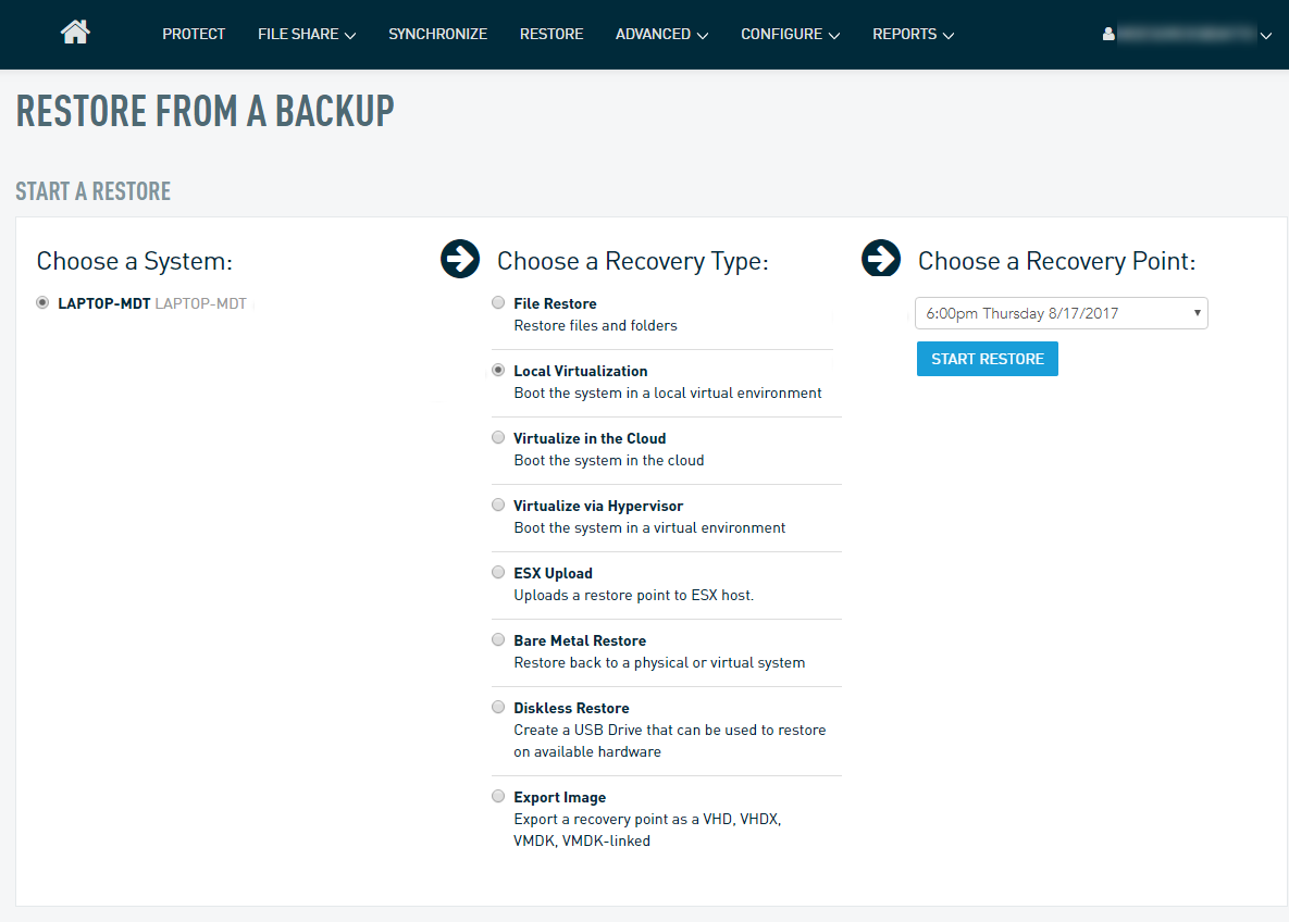 Starting a local virtualization on a Datto appliance
