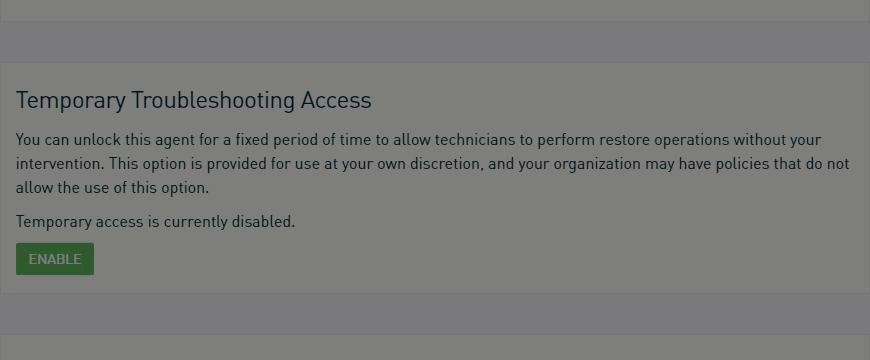 Temporary local troubleshooting access for encrypted backups