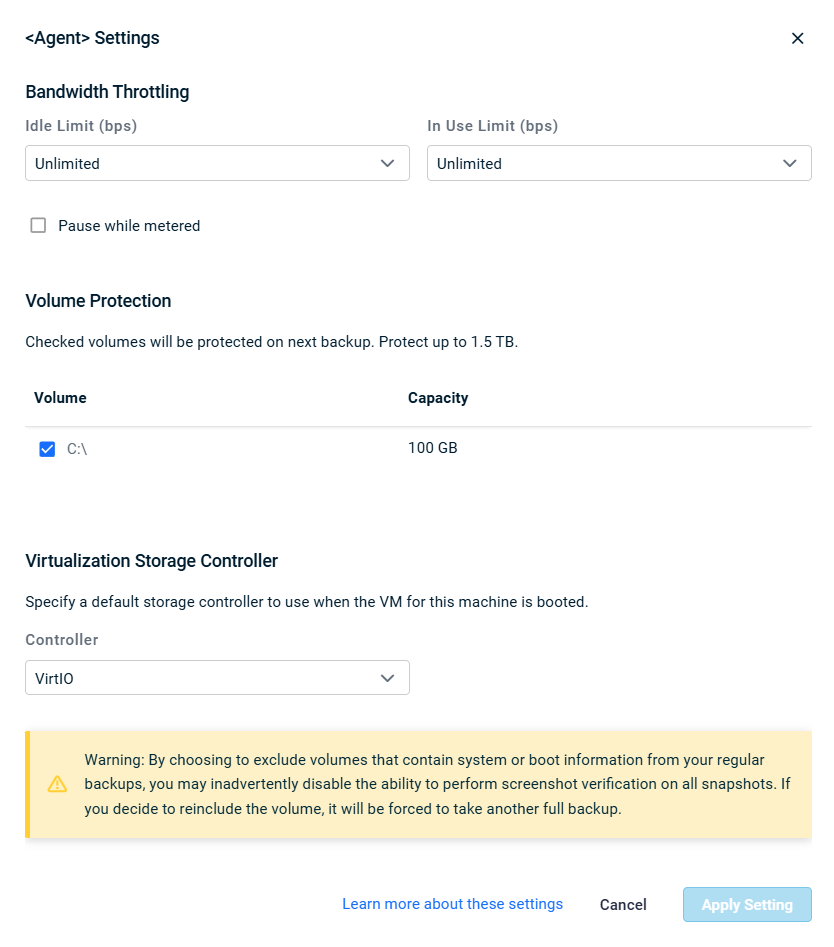 Datto Endpoint Backup for PCs: Agent Settings